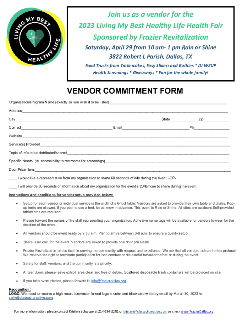 Fillable Online VENDOR COMMITMENT FORM Join us as a vendor for the 2023 ...