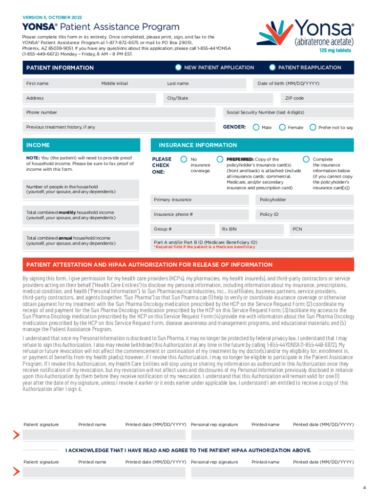 Fillable Online YONSA - Patient Assistance Program (PAP) Application ...