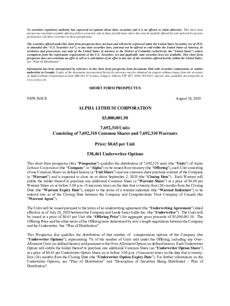 Fillable Online A copy of this preliminary short form prospectus has ...