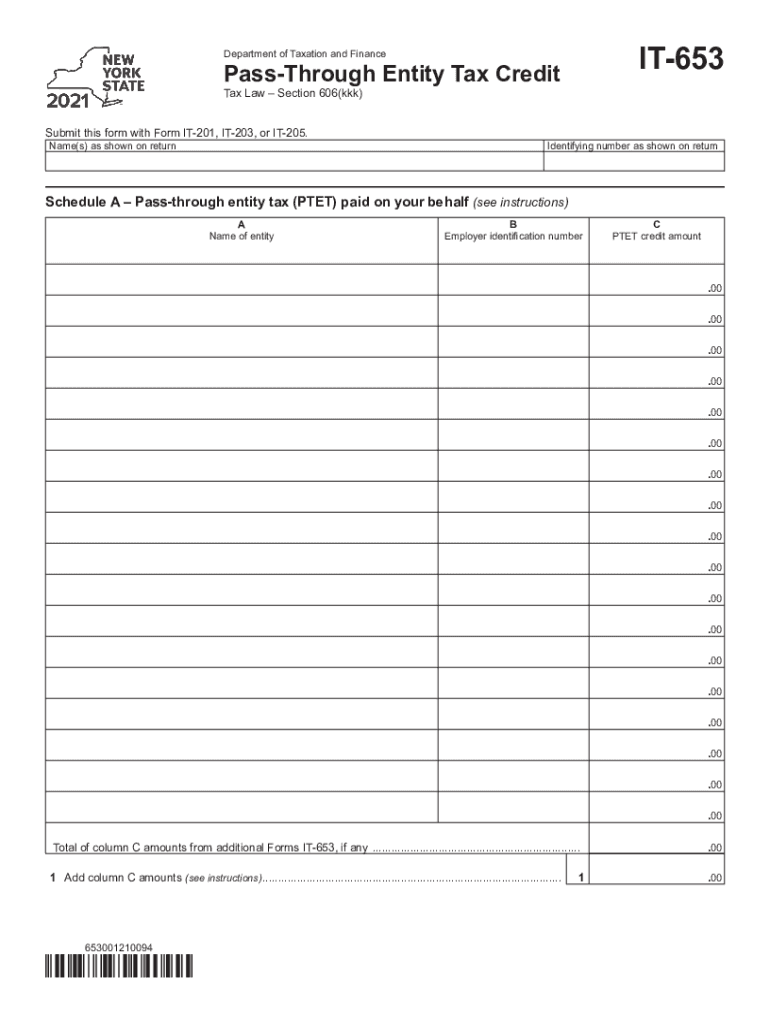 Fillable Online Form IT-653 Pass-Through Entity Tax Credit Tax Year ...
