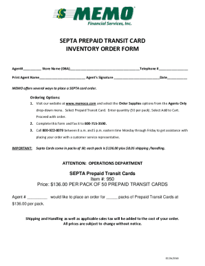 Fillable Online septa prepaid transit card inventory order form Fax ...