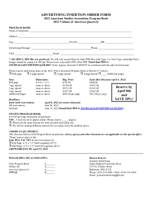 Fillable Online ADVERTISING INSERTION ORDER FORM Reserve by April 8th and ... Fax Email Print ...