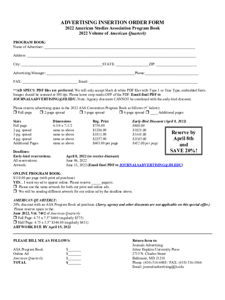 Fillable Online ADVERTISING INSERTION ORDER FORM Reserve by April 8th ...