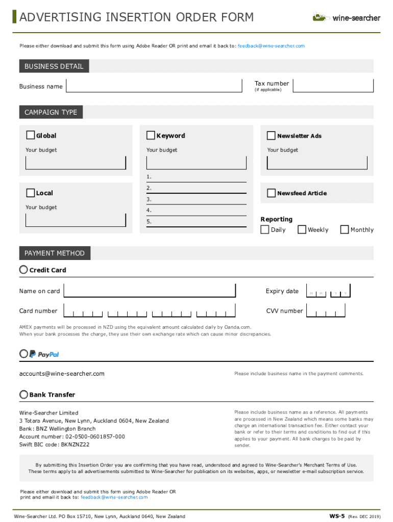 Fillable Online ADVERTISING INSERTION ORDER FORM - Wine-Searcher Fax Email Print - pdfFiller