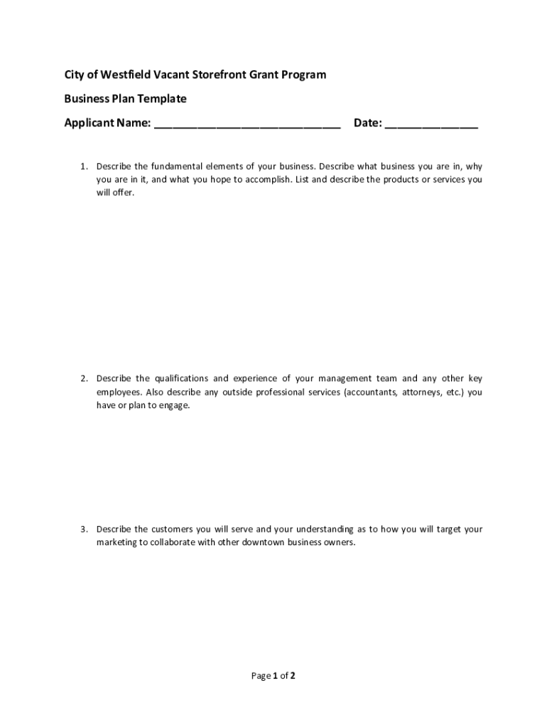 Fillable Online Vacant Storefront Grant Business Plan Template Fax ...