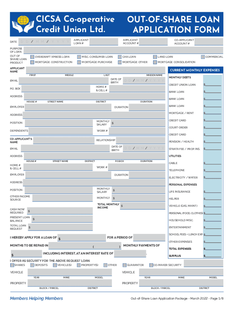 Fillable Online OUT-OF-SHARE LOAN APPLICATION FORM CICSA Co-operative ...