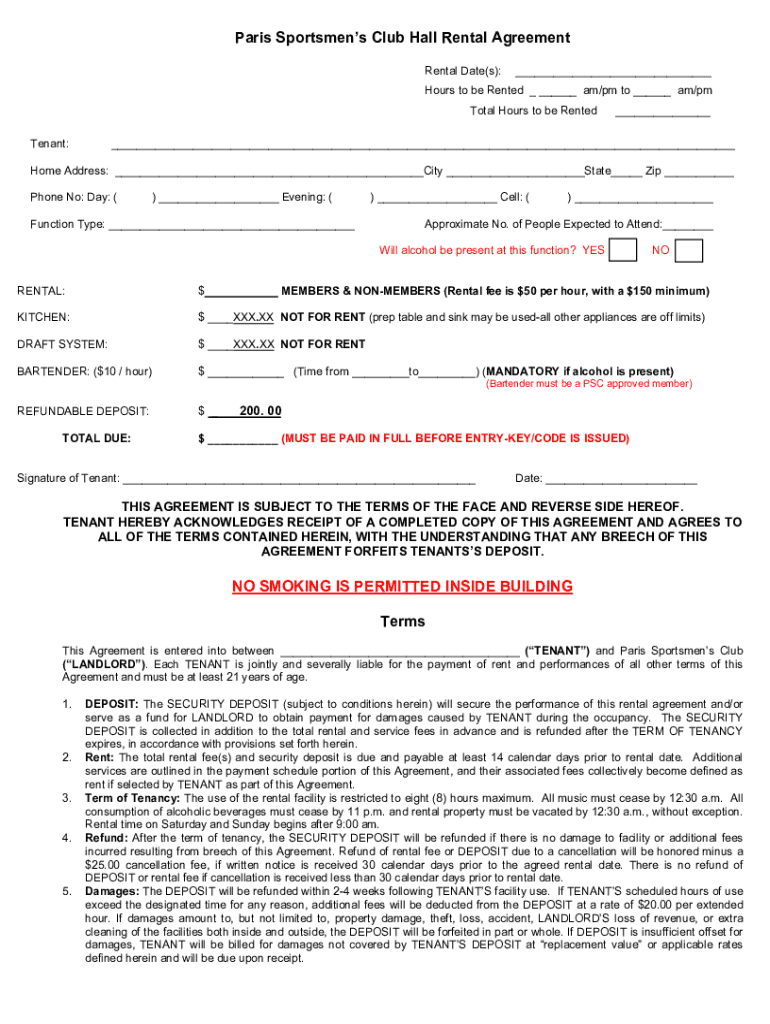 Fillable Online Paris Sportsmen's Club Hall Rental Agreement Fax Email ...