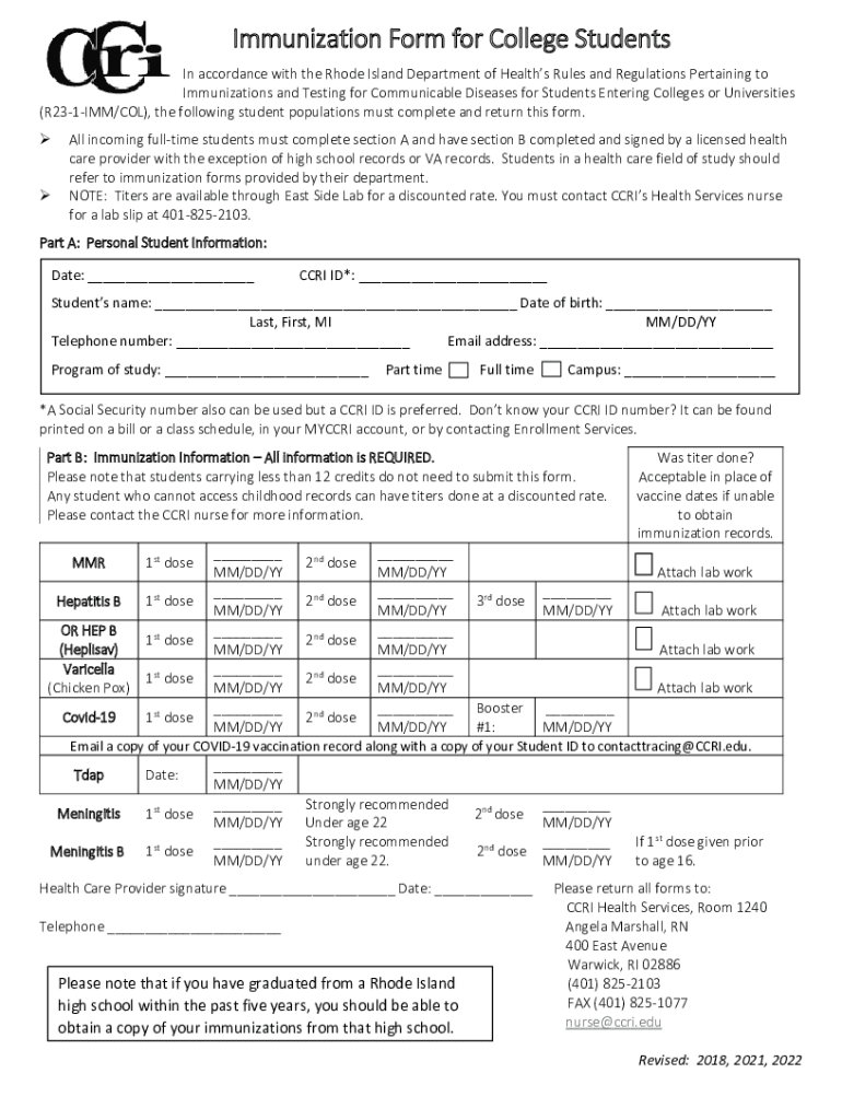 Fillable Online Immunization Form for College Students Fax Email Print ...