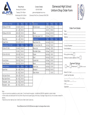 Fillable Online Glenwood High School Uniform Shop Order Form Fax Email ...