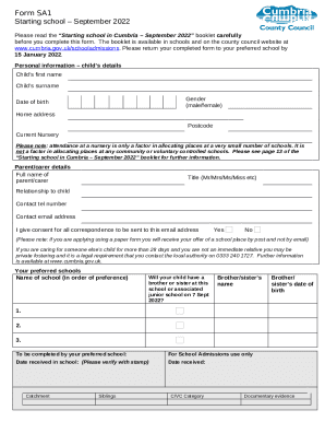 SA1 Application (School Admissions 2022-23) Doc Template | pdfFiller