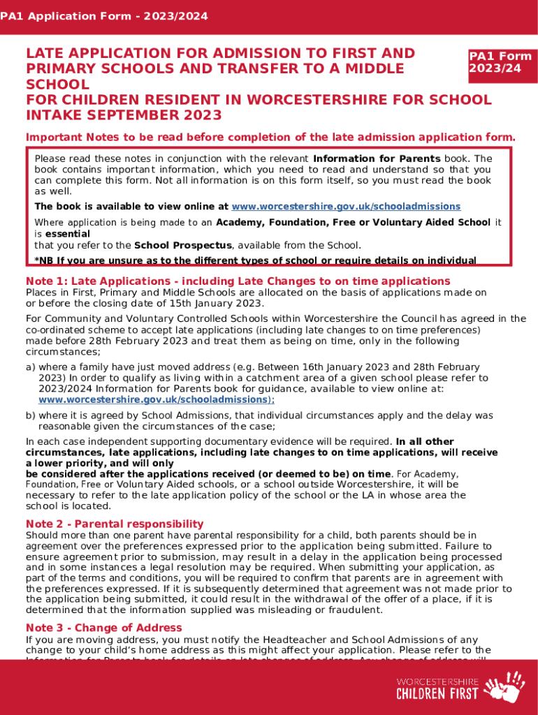 PA1 Application (School Admissions 2022-23). PA1 Application (School ...