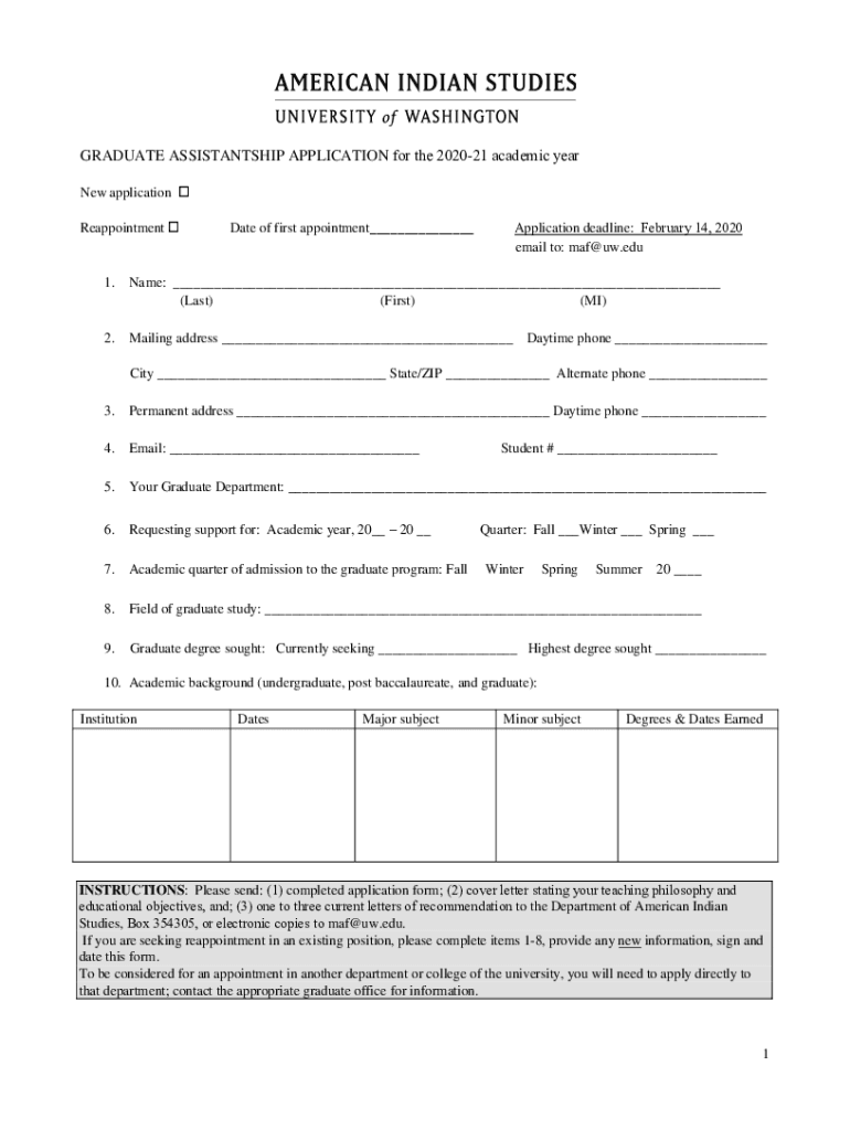 Fillable Online ais washington GRADUATE ASSISTANTSHIP APPLICATION for the 2020-21 ... Fax Email ...