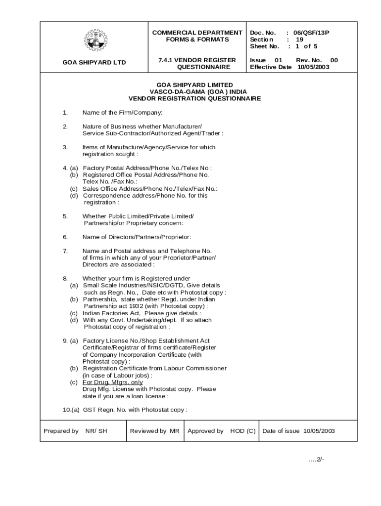 goa shipyard vendor registration Doc Template | pdfFiller