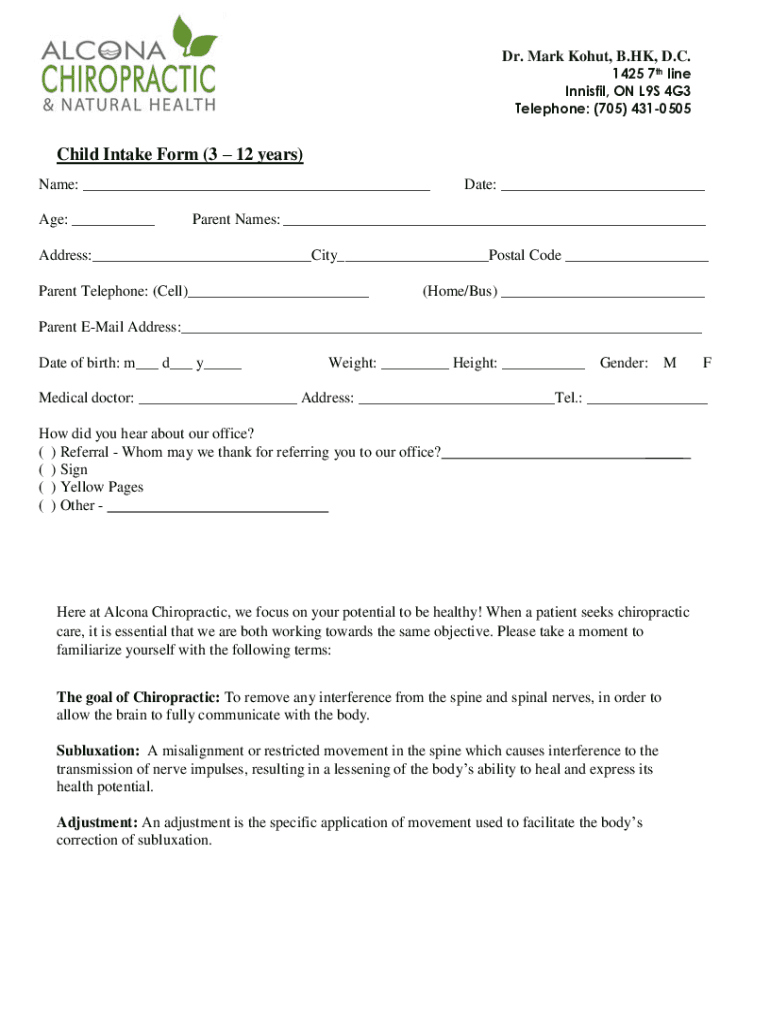 Fillable Online Child Intake Form (312 years) Fax Email Print - pdfFiller