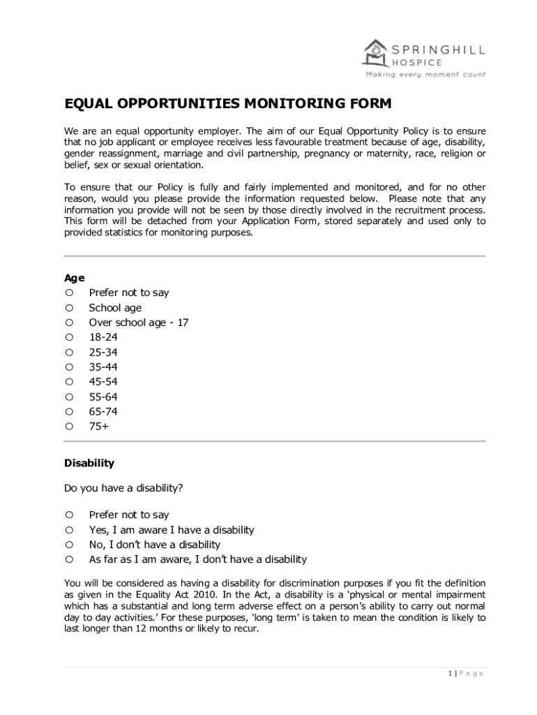 Fillable Online springhill org Equal Opportunity Monitoring ...