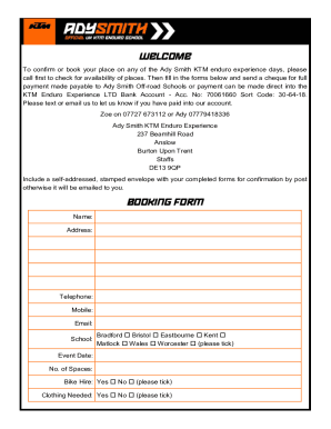 Fillable Online welcome BOOKING FORM - Ady Smith KTM Enduro Experience ...