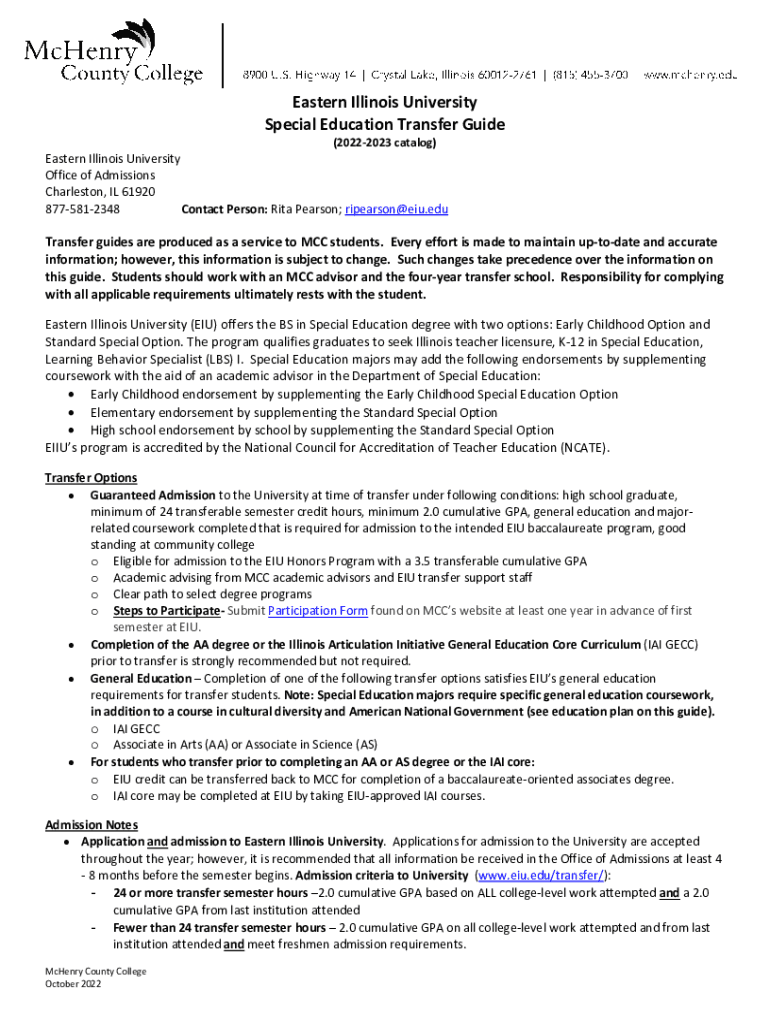 Fillable Online Eastern Illinois University Special Education Transfer Guide Fax Email Print ...
