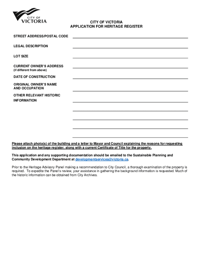 Fillable Online CITY OF VICTORIA APPLICATION FOR HERITAGE REGISTER Fax ...