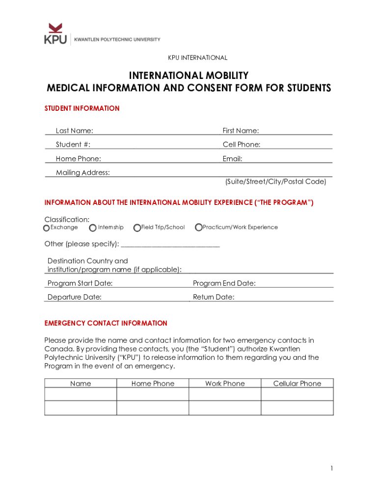 Fillable Online International Mobility Medical Information and Consent for ... Fax Email Print ...