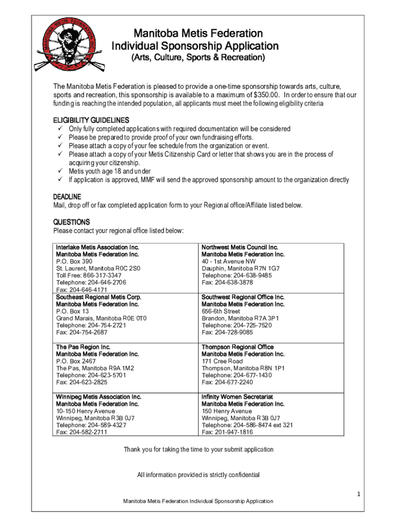 Fillable Online Manitoba Metis Federation Individual Sponsorship ...