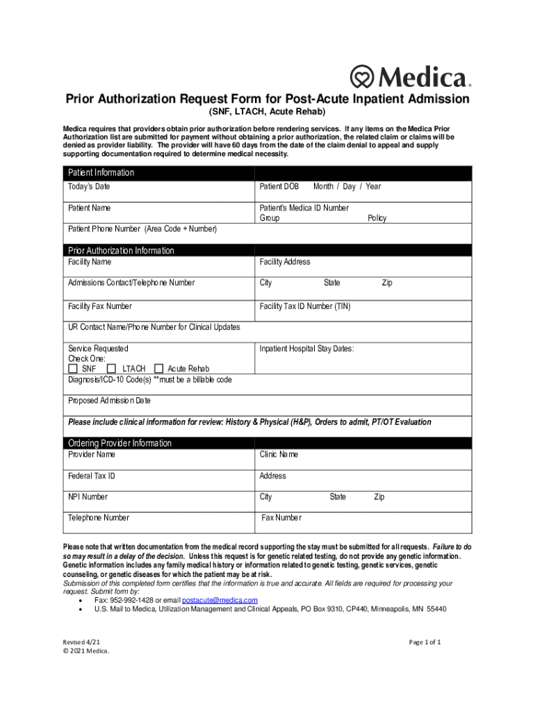 Fillable Online Prior Authorization Request Form for Post-Acute ...