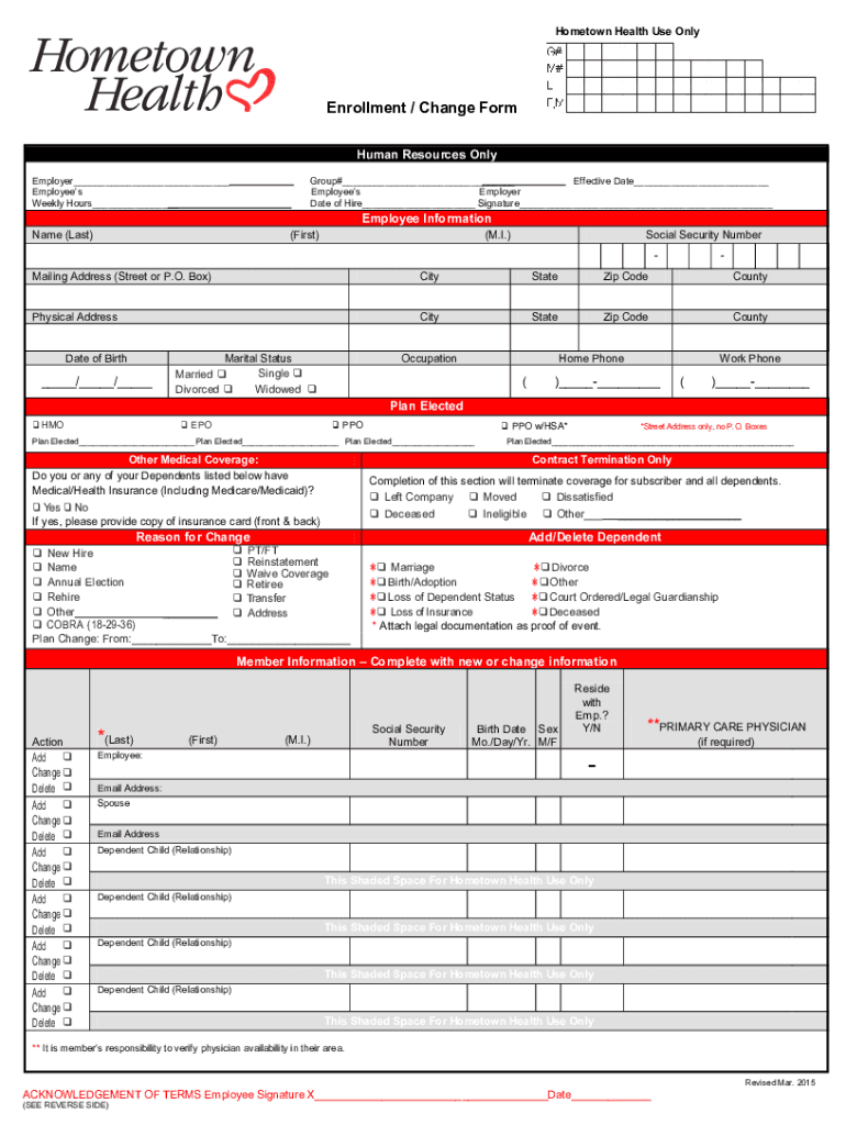 Fillable Online Enrollment / Change Form - Hometown Health Fax Email ...