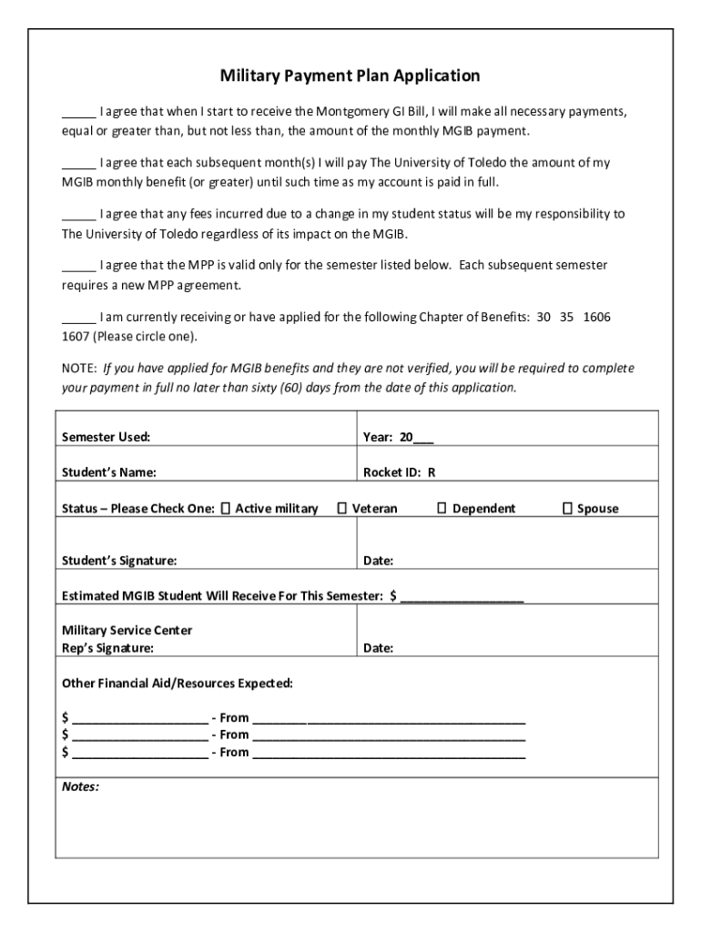Fillable Online Military Payment Plan Option - The University of Toledo ...
