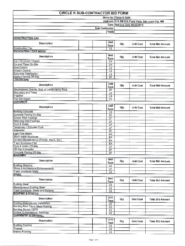 Fillable Online CIRCLE K SUB.CONTRACTOR BID FORM Fax Email Print ...