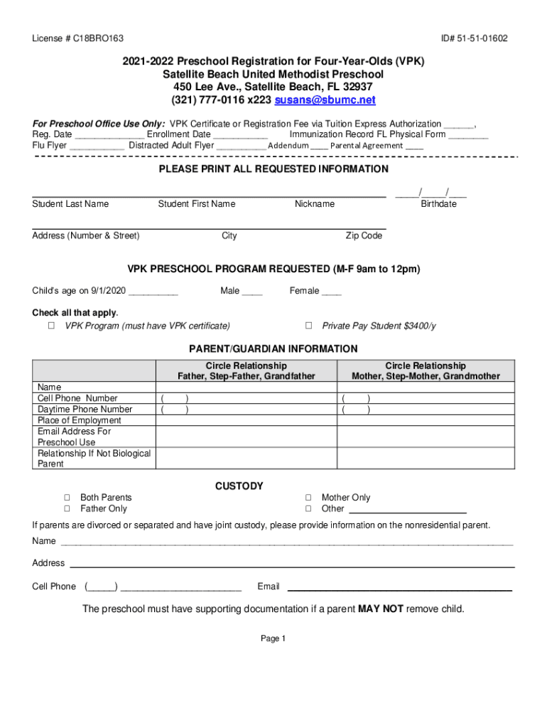 Fillable Online 2021-2022 Preschool Registration for Three Year Old's Fax Email Print - pdfFiller