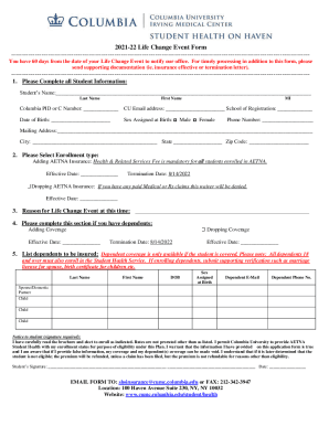 Fillable Online 2021-22 Life Change Event Form - Student Health on ...