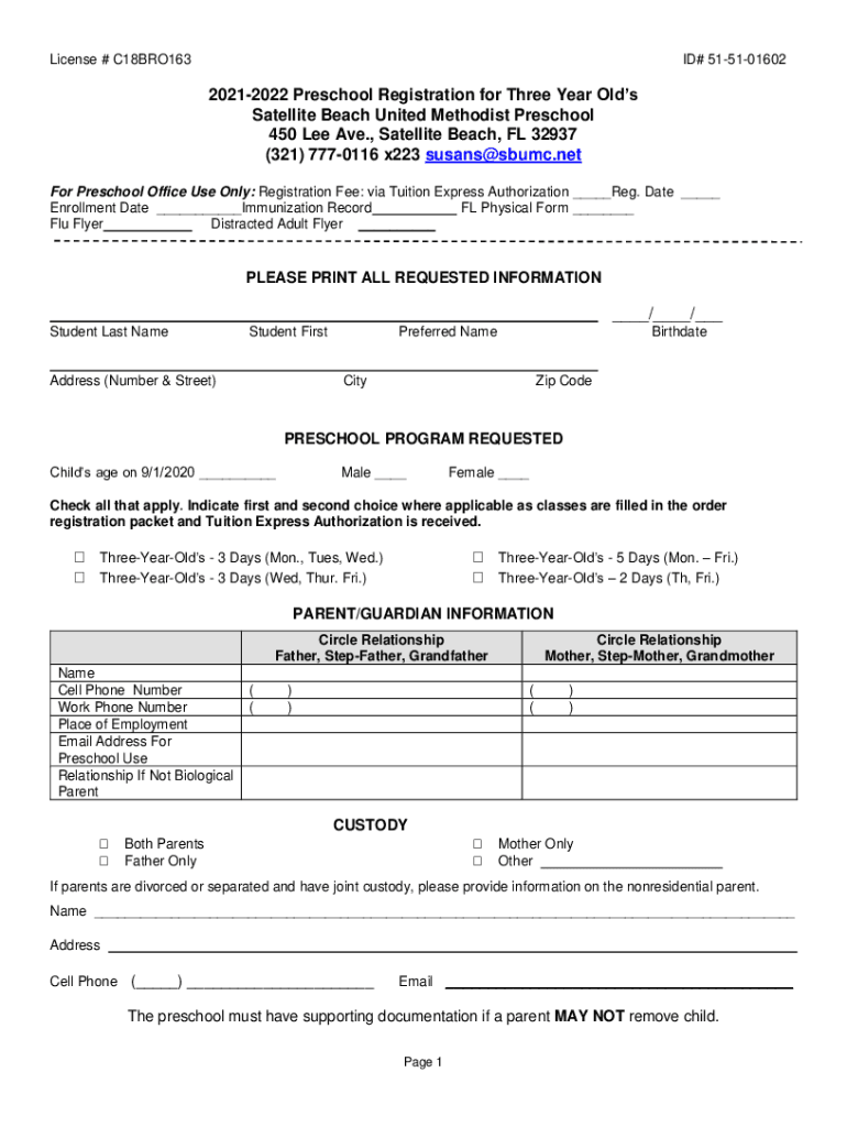 Fillable Online 2021-2022 Preschool Registration for Three Year Olds ...