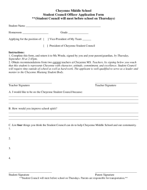 Fillable Online Student Council Application Middle School Form. Report ...