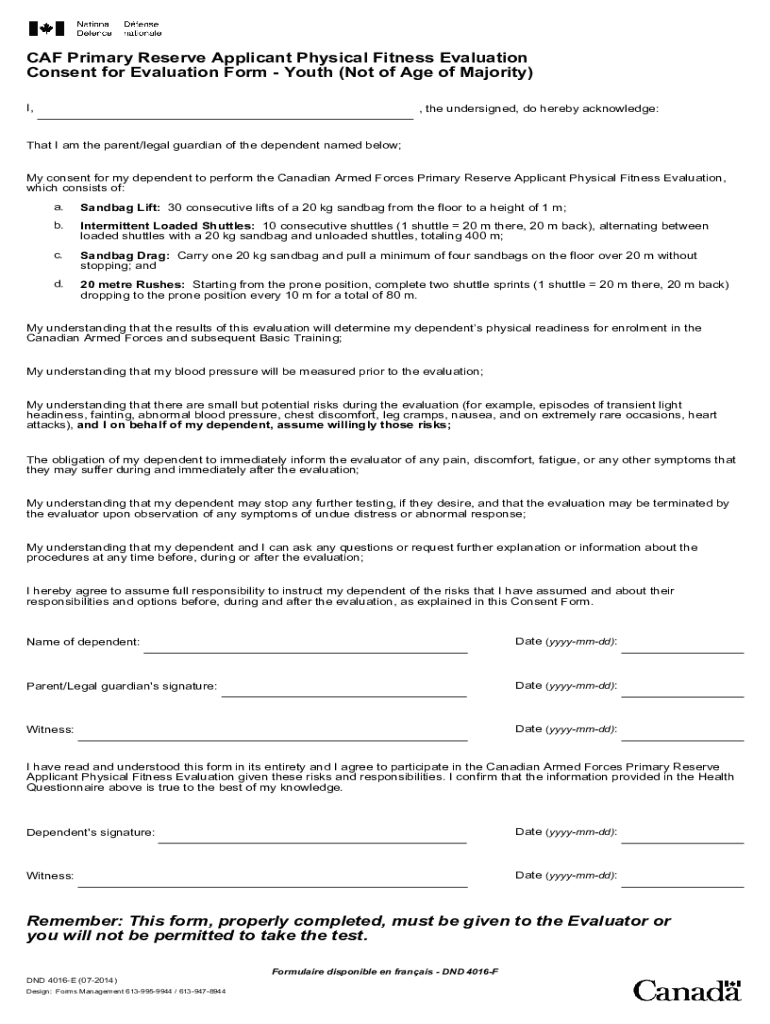 Fillable Online CAF Primary Reserve Applicant Physical Fitness ...