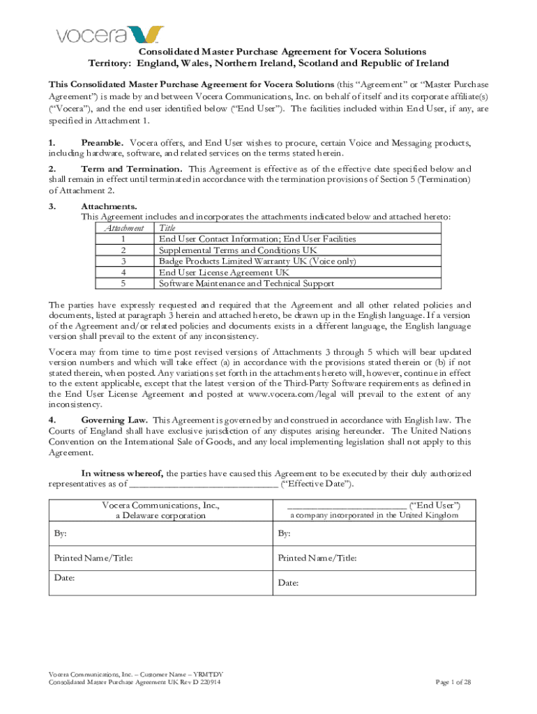 Fillable Online Consolidated Master Purchase Agreement for Vocera Solutions ... Fax Email Print ...