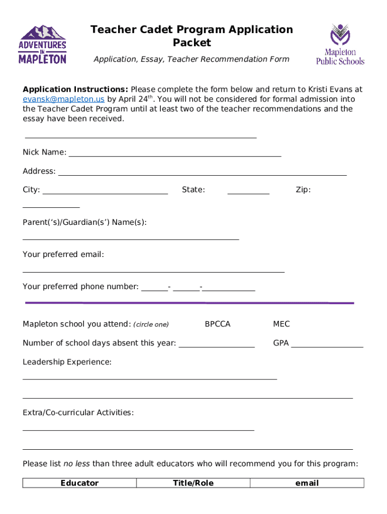 Teacher Cadet Program Application Packet Doc Template | pdfFiller
