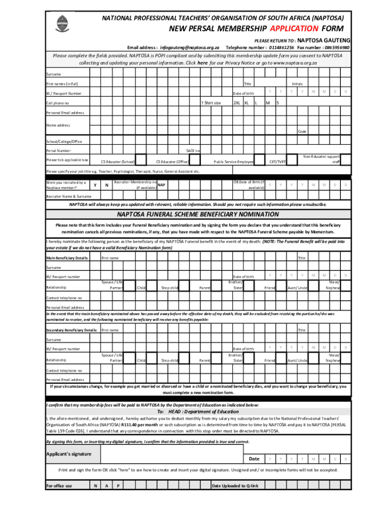 Fillable Online NEW PERSAL MEMBERSHIP APPLICATION FORM - Naptosa Fax ...