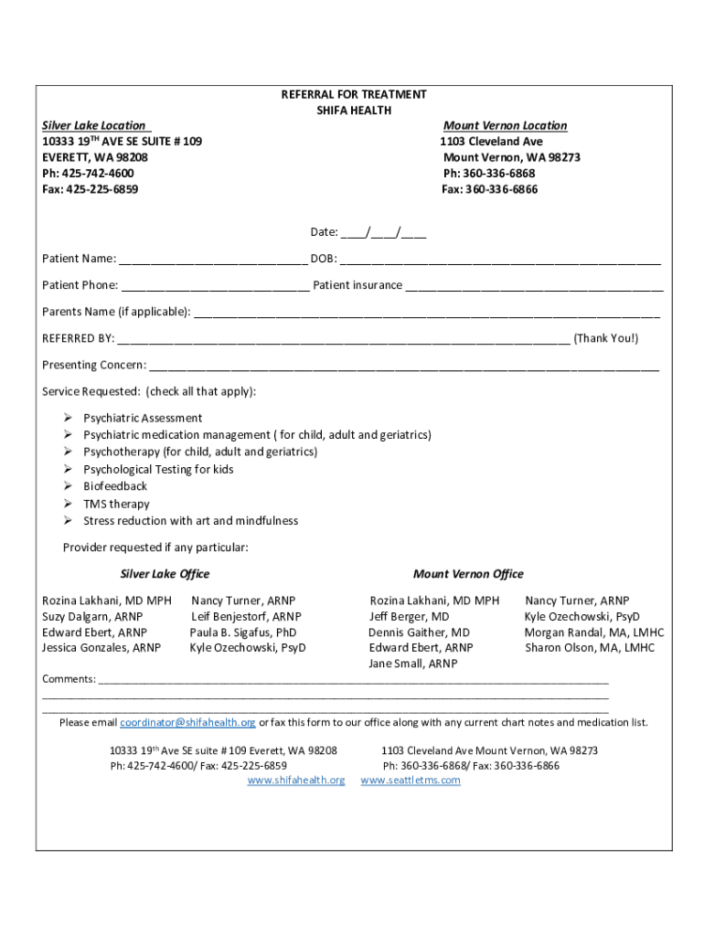Fillable Online Referral Form - Shifa Health Fax Email Print - pdfFiller