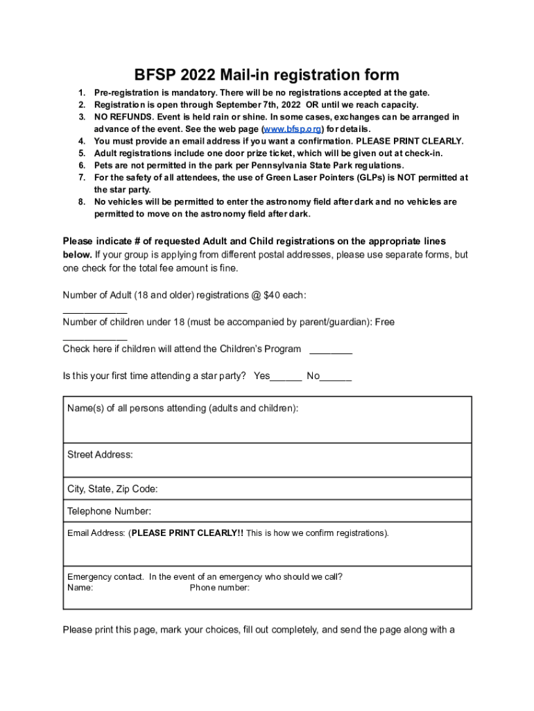 Fillable Online BFSP 2022 Mail-in registration form - Black Forest Star ...