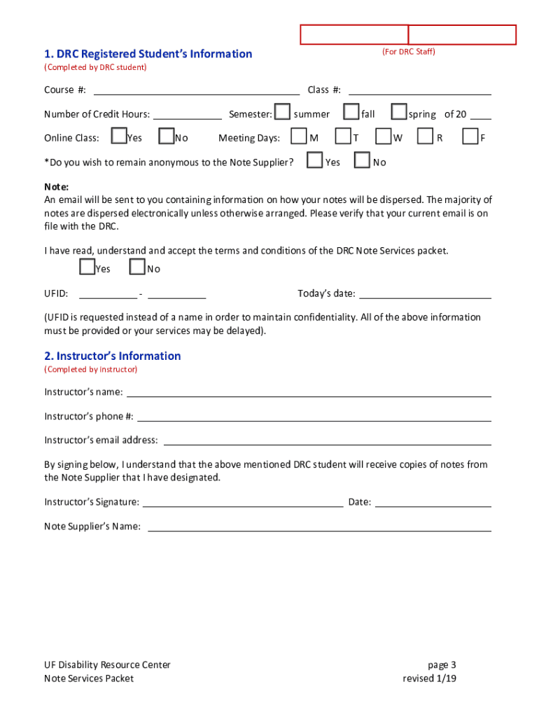 Fillable Online Disability Resource Center (DRC) Note Services Packet ...
