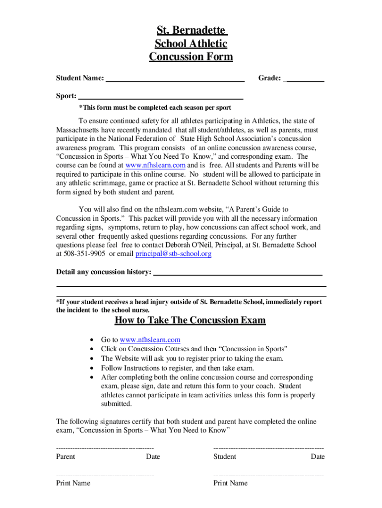 Fillable Online St. Bernadette School Athletic Concussion Form Fax ...