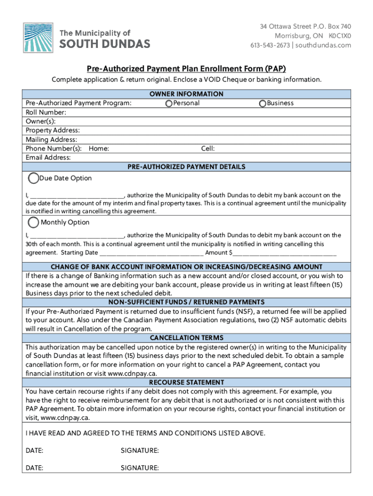 Fillable Online Pre-Authorized Payment Plan Enrollment Form (PAP) Fax ...