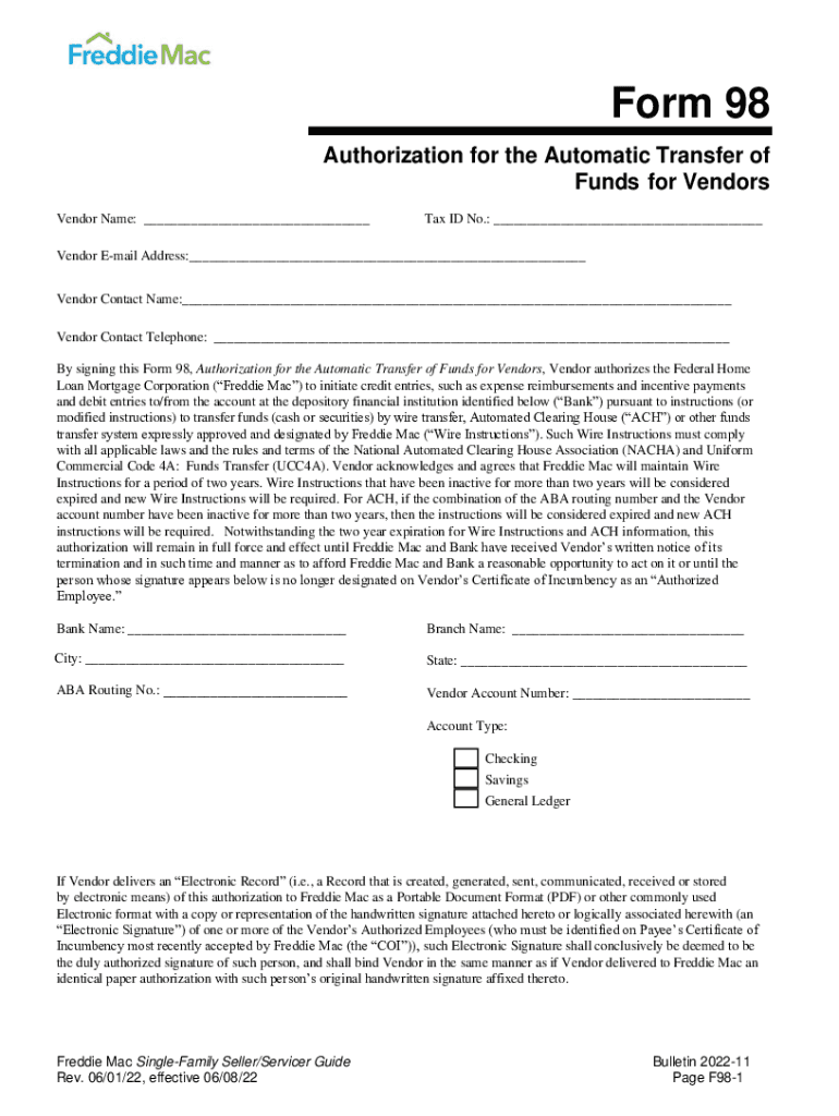 Fillable Online Form 98. Authorization for the Automatic Transfer of ...