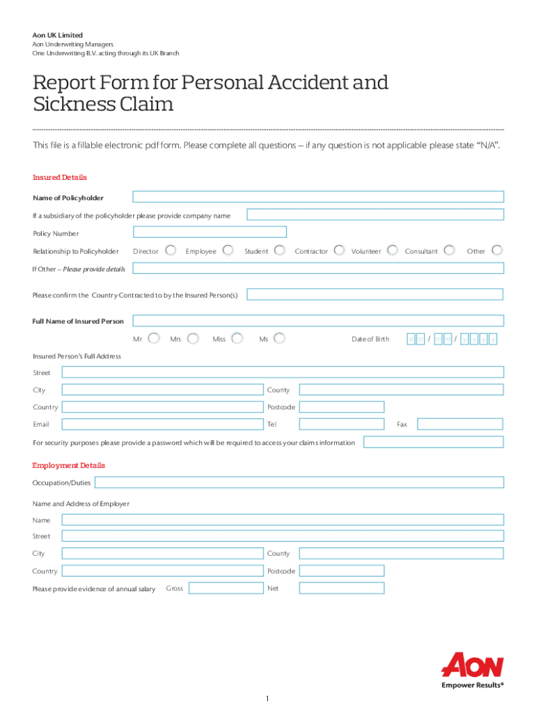 Fillable Online Report Form for Personal Accident and Sickness Claim ...