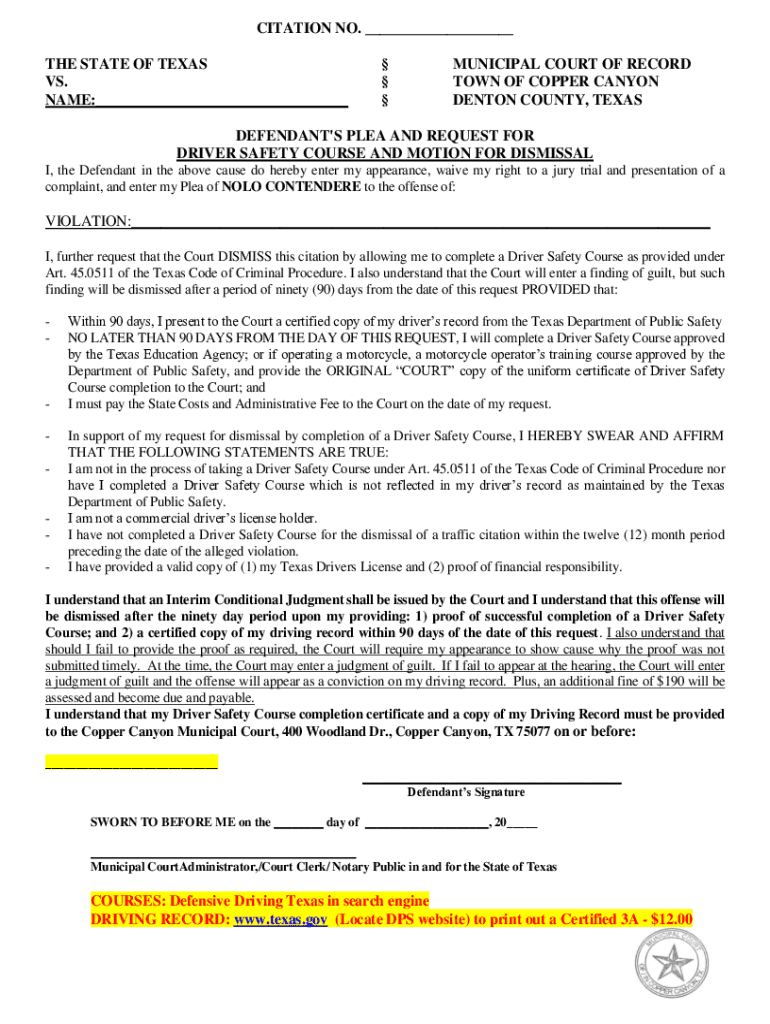 Fillable Online CITATION NO. THE STATE OF TEXAS MUNICIPAL COURT OF ...