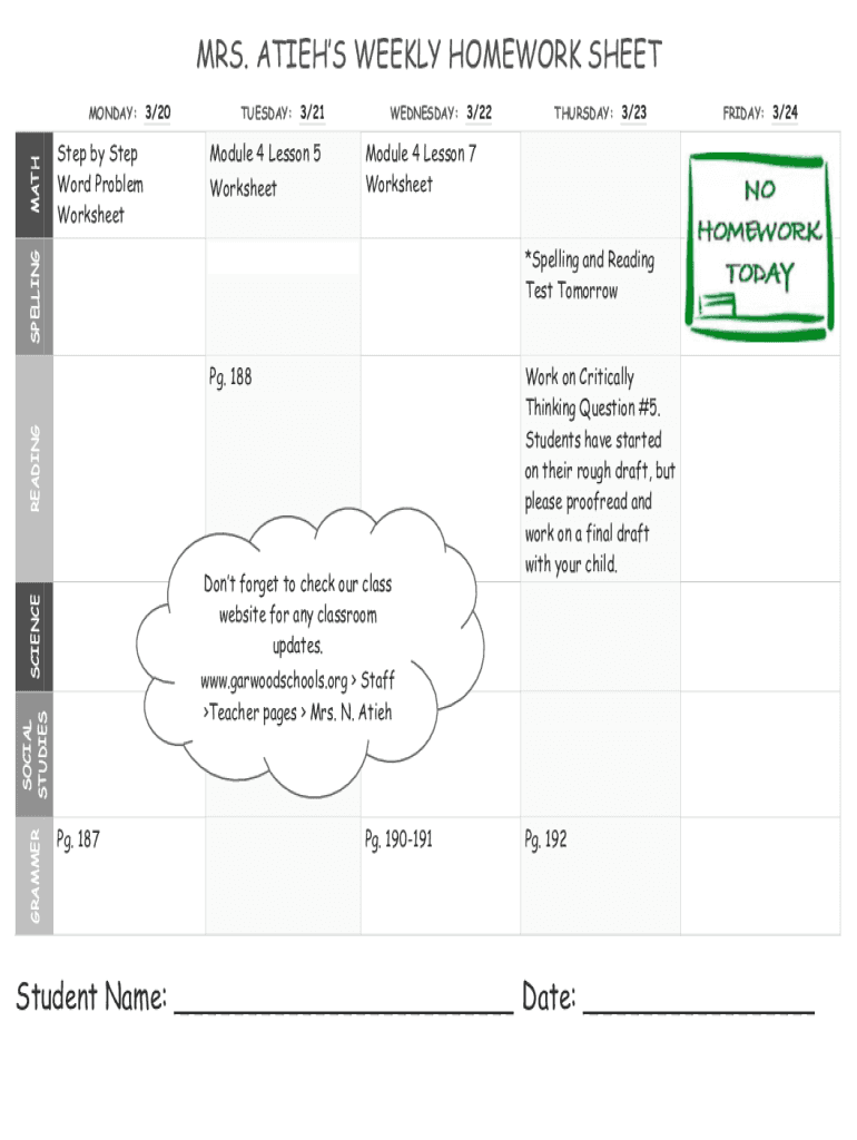 Fillable Online MRS. ATIEH'S WEEKLY HOMEWORK SHEET Student Name: Date ...