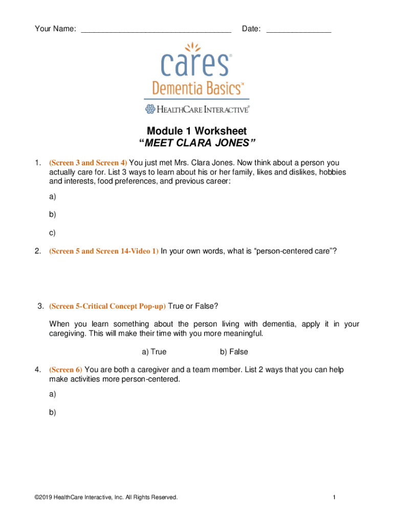 Fillable Online Module 1 Worksheet MEET CLARA ... - HealthCare ...