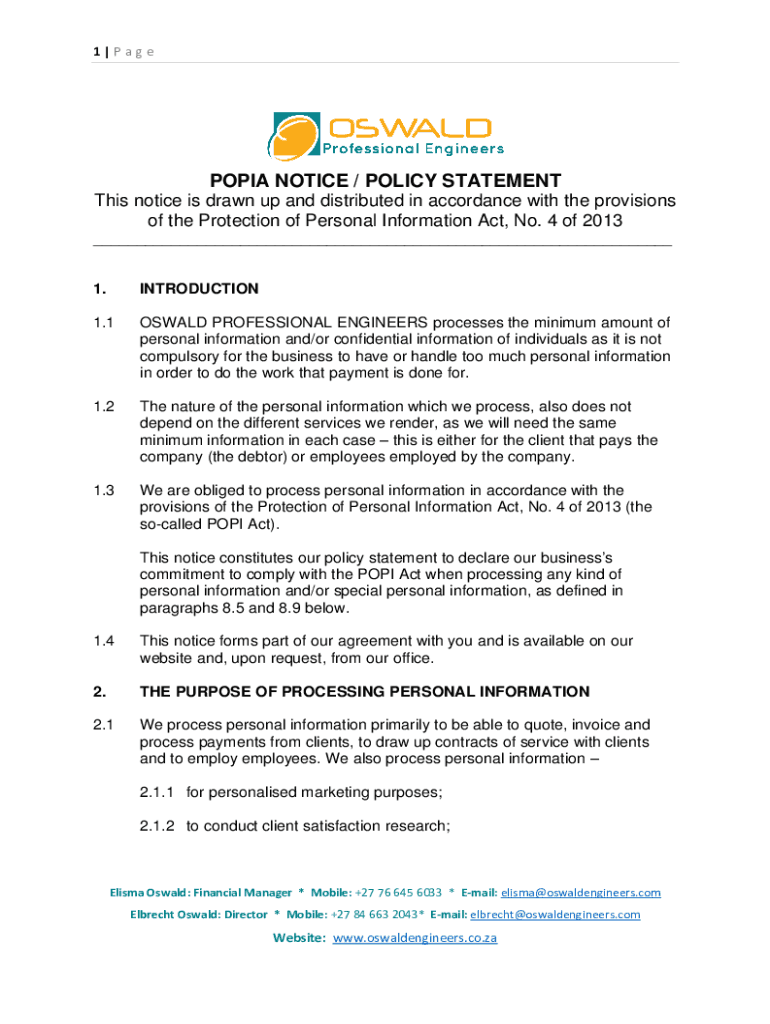 Fillable Online POPIA NOTICE / POLICY STATEMENT Fax Email Print - pdfFiller