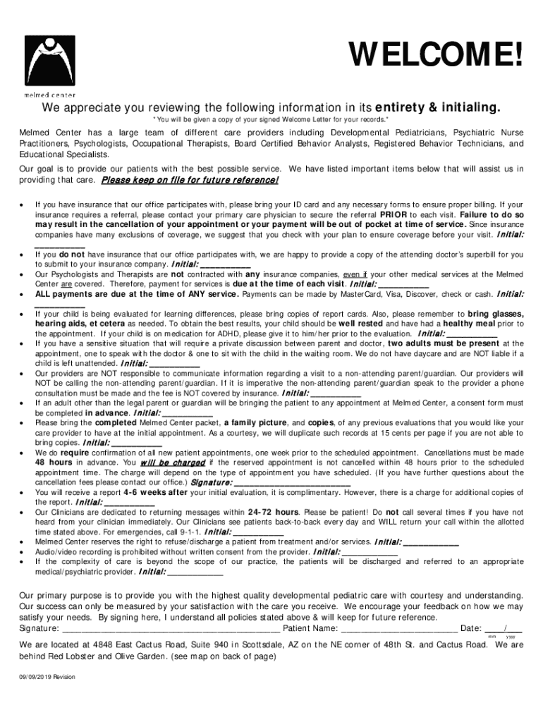 Fillable Online *You will be given a copy of your signed Welcome Letter for your records Fax ...