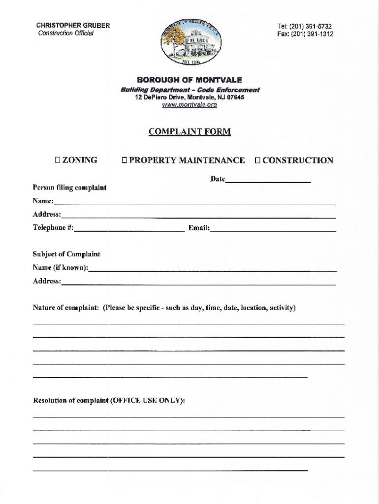 Fillable Online COMPLAINT FORM PROPERTY MAINTENANCE CONSTRUCTION Fax ...