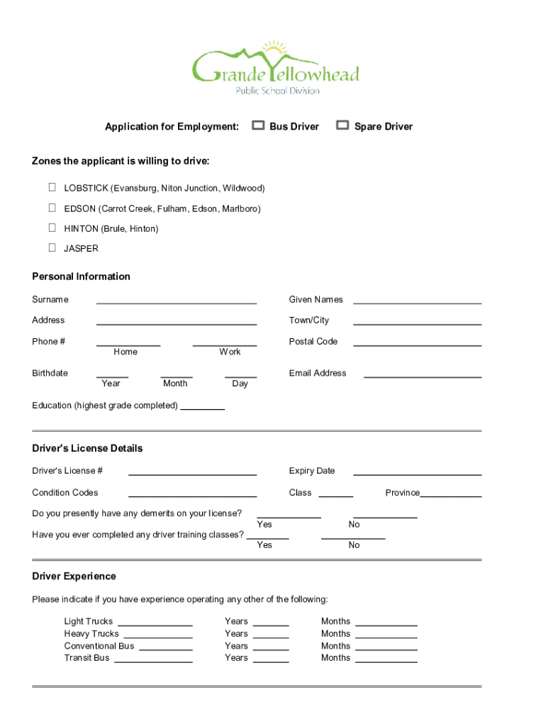 Fillable Online Application for Employment: Bus Driver Spare Driver ...